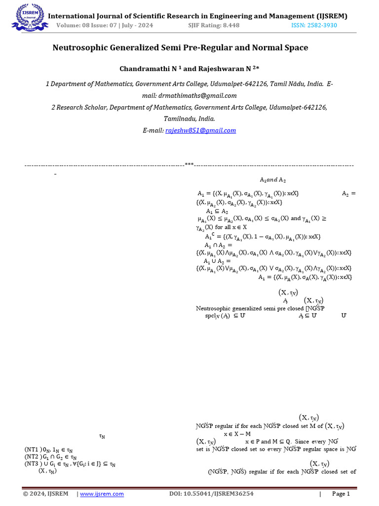 Neutrosophic Generalized Semi Pre Regular and Normal Space | PDF | Mathematical Concepts | Space ...