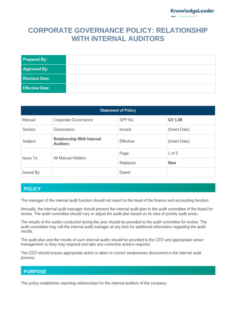 Corporate Governance Policy - Relationship With Internal Auditors | PDF