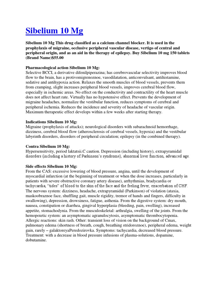 Sibelium 10 Mg: Migraine & Epilepsy Relief | PDF | Ischemia | Migraine