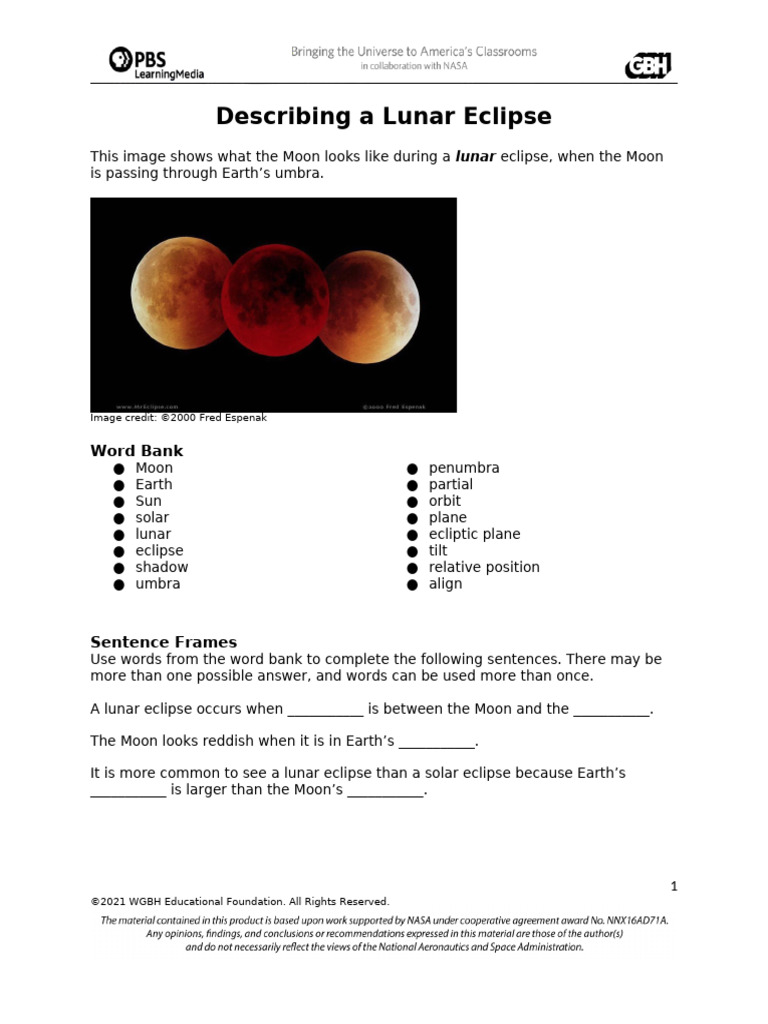 Sentence Frames Describing Lunar Eclipse Buac21-Doc-Lunareclipse-Sf ...