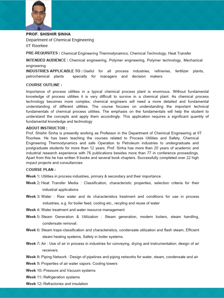 Chemical Process Utilities: Department of Chemical Engineering IIT ...