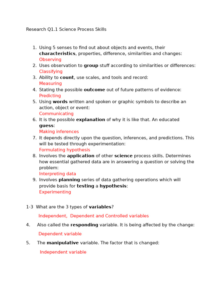 Research Q1.1 Science Process Skills | PDF | Hypothesis | Experiment