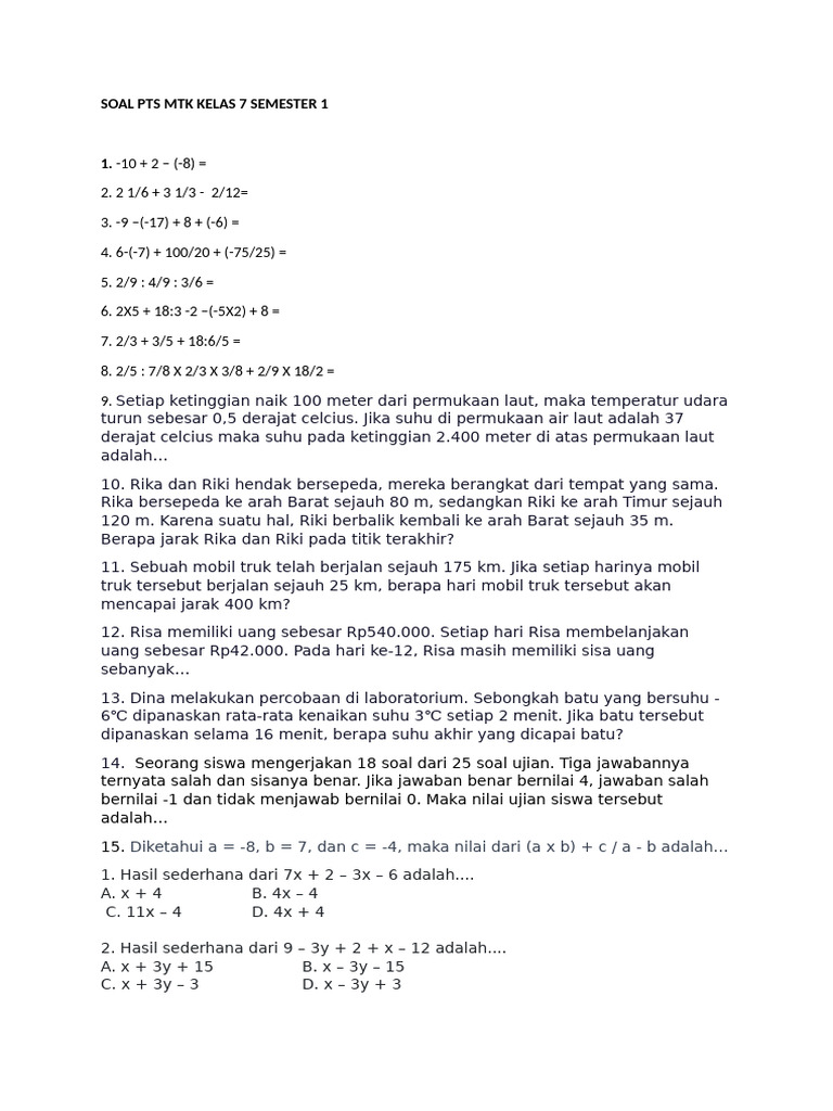 PTS MTK Kelas 7 Sem 1 | PDF