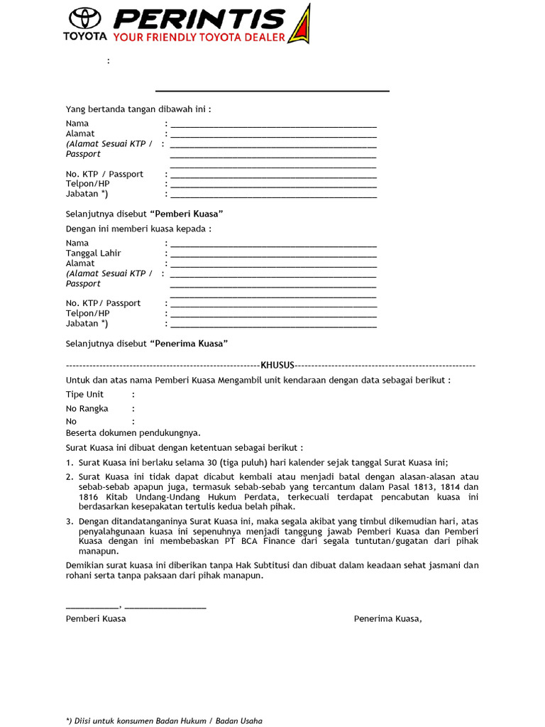 Form Surat Kuasa Pengambilan BPKB (Perorangan) | PDF