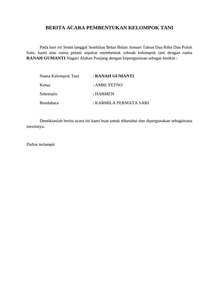 Berita Acara Pembentukan Kelompok Tani | PDF