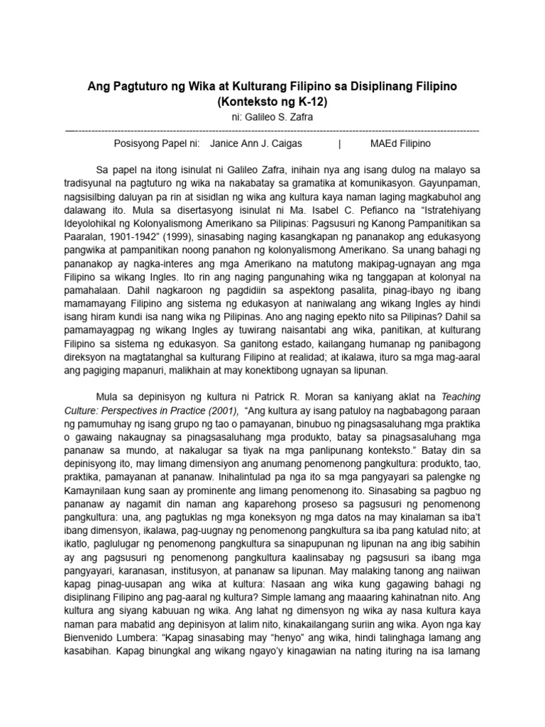 Rebyu - Ang Pagtuturo NG Wika at Kulturang Filipino Sa Disiplinang Filipino (Konteksto NG K-12 ...