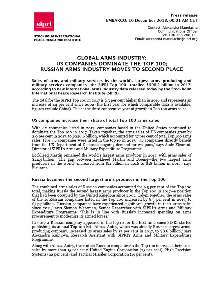 2018 Sipri Top 100 Press Release Eng | PDF | Arms Industry | Politics