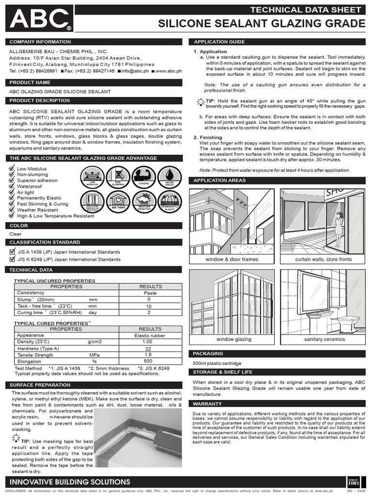 Silicone Sealant Glazing Grade Technical Data Sheet 2020 | PDF
