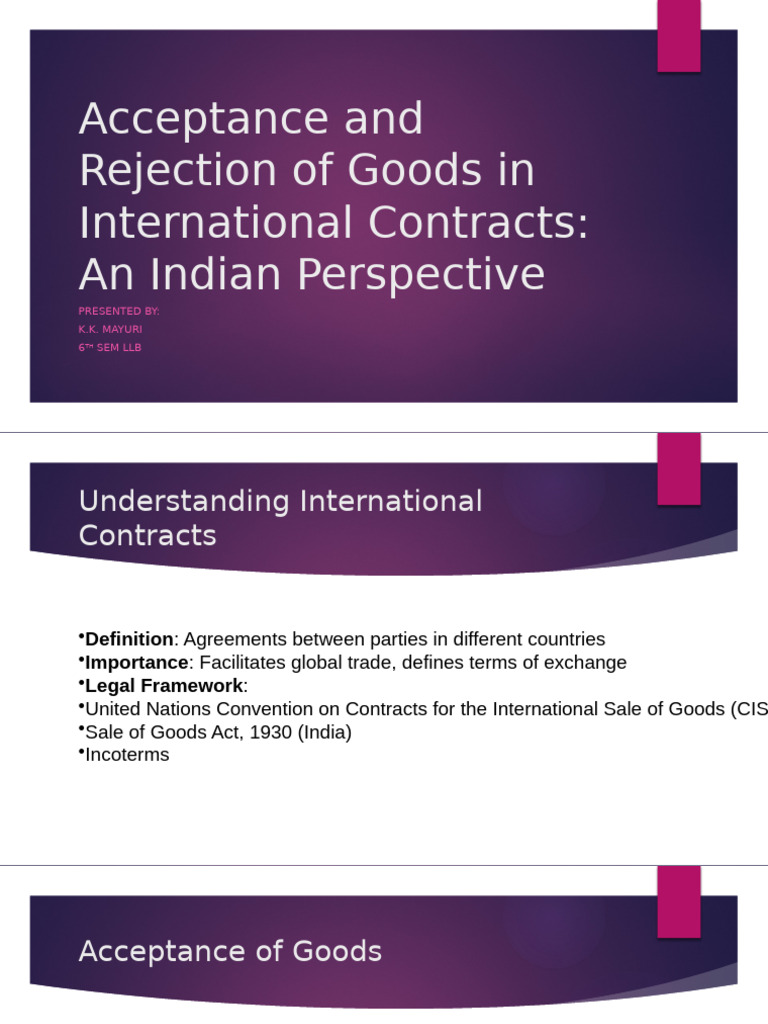 Acceptance and Rejection of Goods in International Contracts | PDF