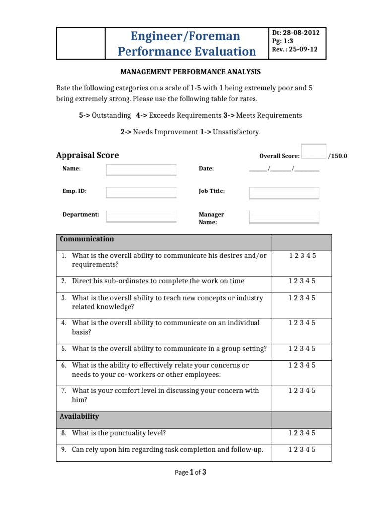 Evaluation form for new Engineer-Foreman | PDF
