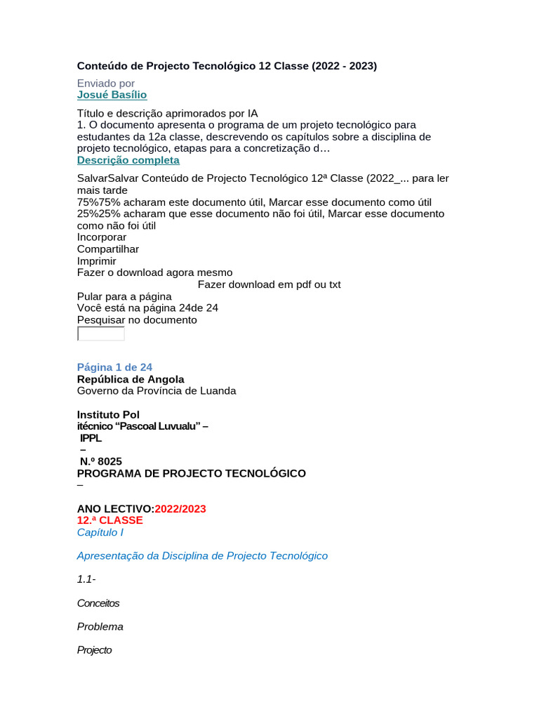 Projecto Tecnológico 12 Classe | PDF | Science | Arte