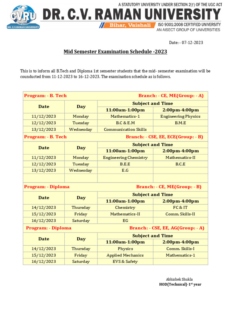 Mid Semester Examination Schedule | PDF