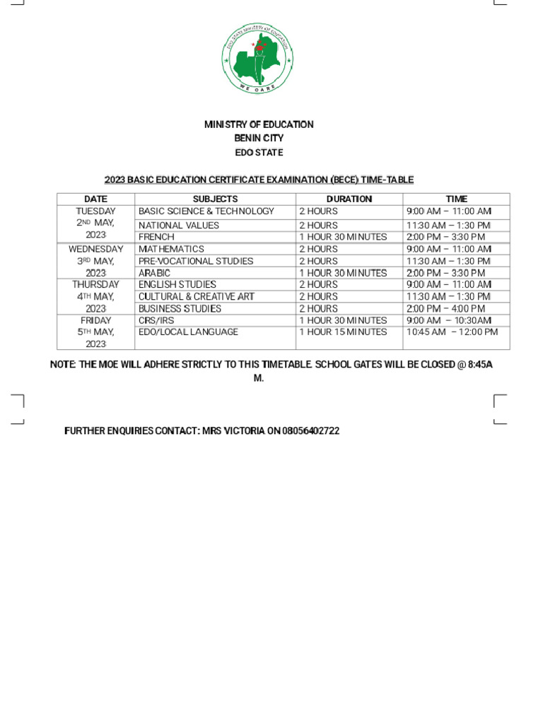 BECE TIMETABLE - Phoenix | PDF