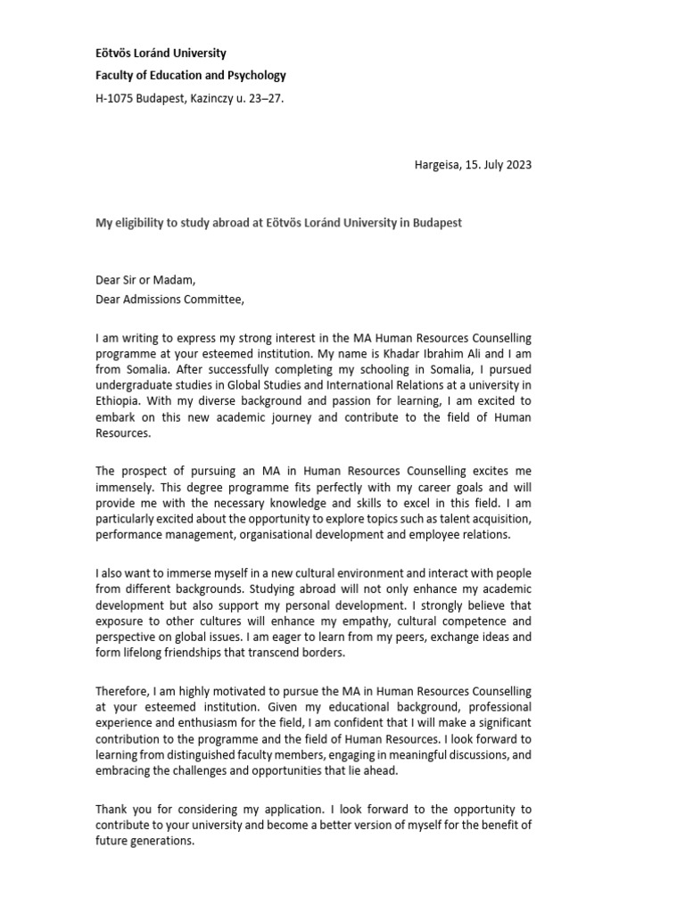 Motivation Letter For Study Abroad | PDF