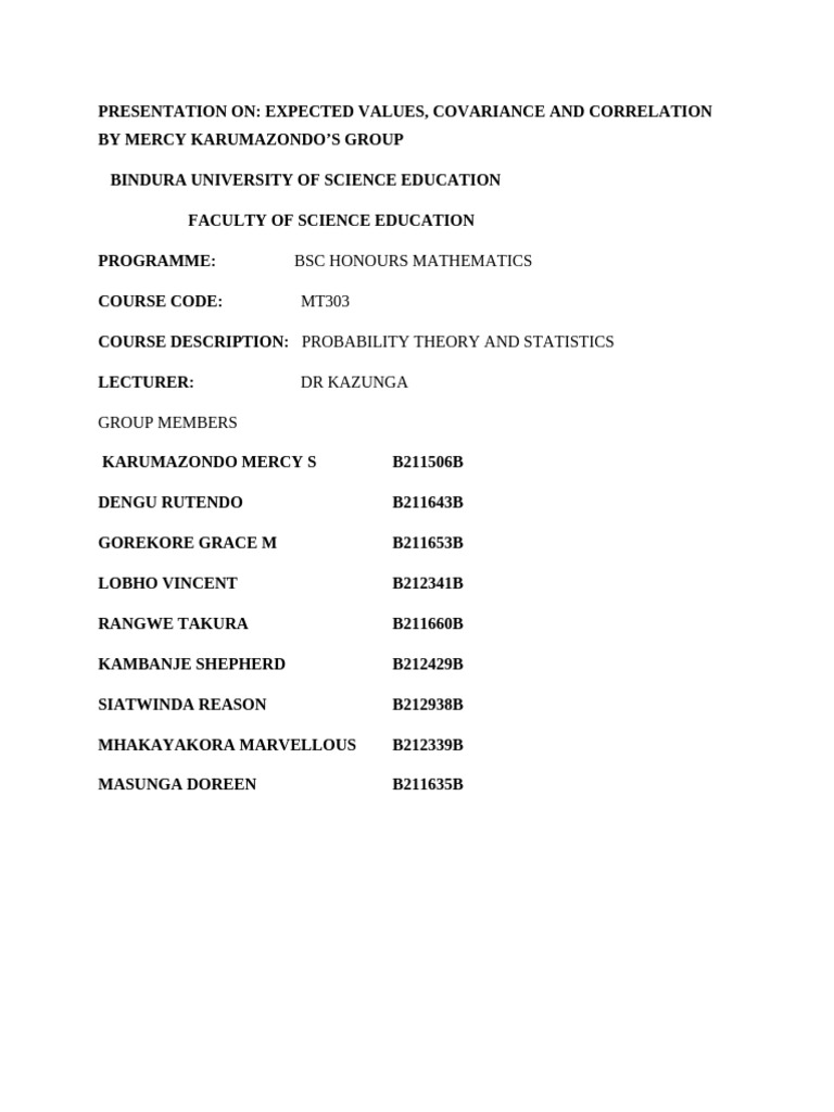 GROUP 17 Mercy K Expected Values, Covariance and Correlation | PDF | Probability Distribution ...