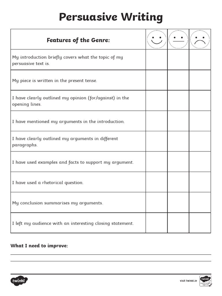 Y3 Persuasive Writing Self Assessment Sheet Ver 1 | PDF