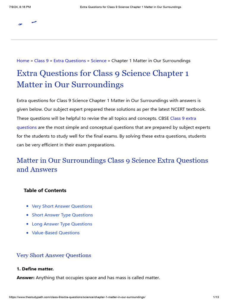 Extra Questions For Class 9 Science Chapter 1 Matter in Our Surroundings | PDF