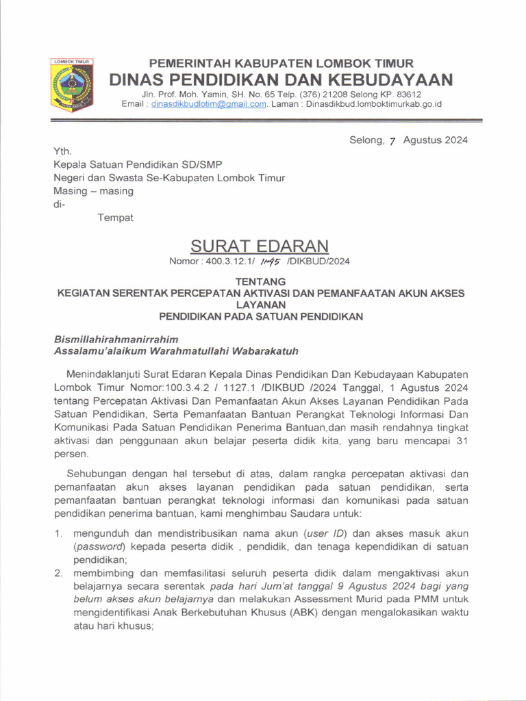 Surat Edaran Tentang Keg. Serentak Percepatan Aktivasi Dan Pemanfaatan Akun Akses Layanan ...