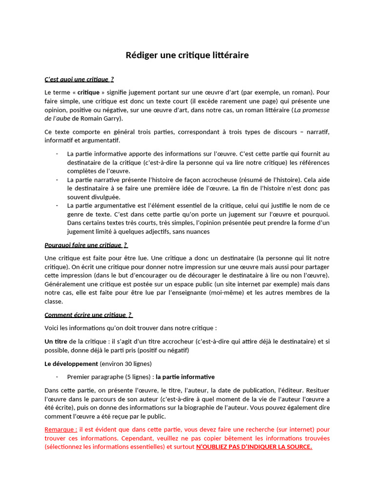 Rédiger Une Critique Littéraire | PDF