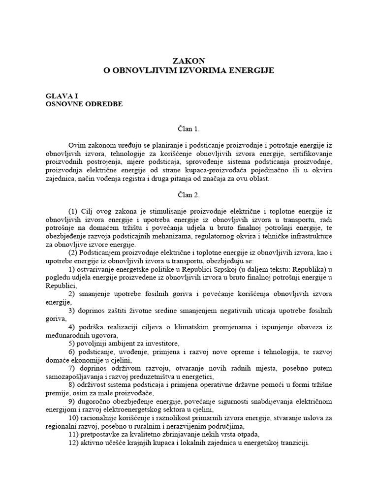 Zakon o Obnovljivim Izvorima Energije | PDF