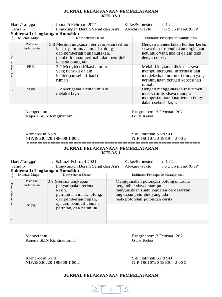 Jurnal Harian Kelas 1 Tema 6 | PDF