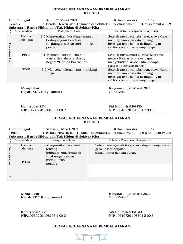 Jurnal Harian Kelas 1 Tema 7 | PDF