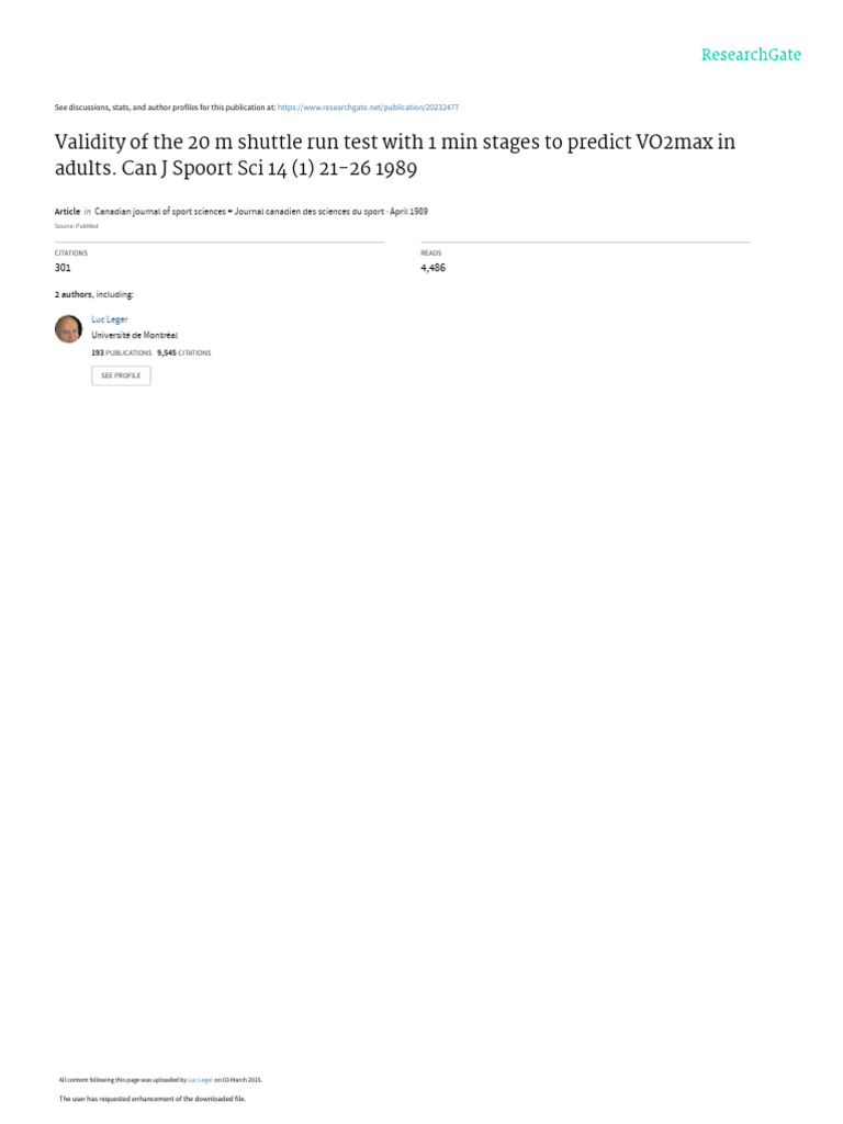 Validity of The 20 M Shuttle Run Test With 1 Min Stages To Predict ...
