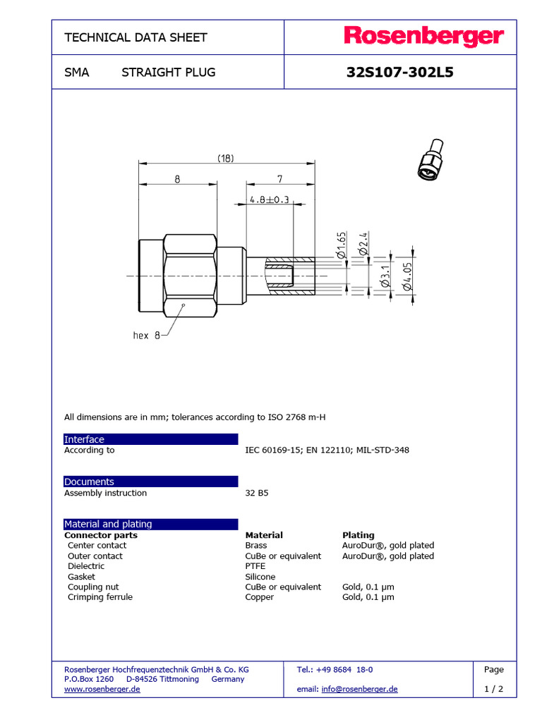 RF Connector 32S107 302L5 Rosenberger | PDF