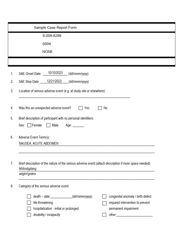 Serious Adverse Event (SAE) Report Form | PDF