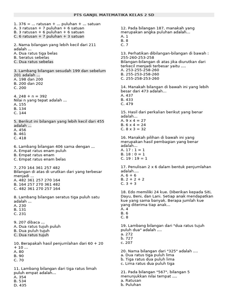 PTS Ganjil Matematika 2 SD | PDF