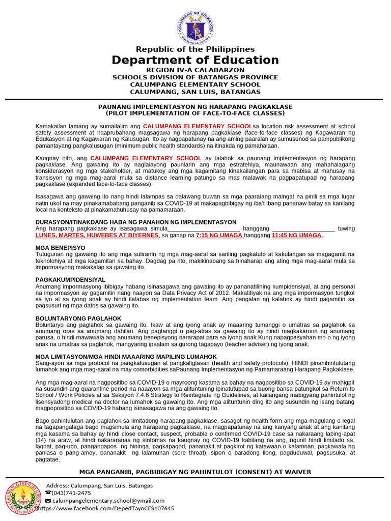 Kinder Parental Concent Form For Limited F2F | PDF