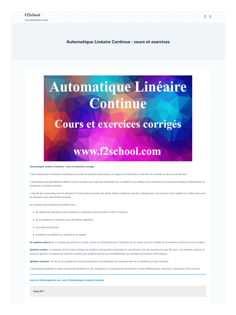 Automatique Linéaire Continue _ Cours Et Exercices - F2School | PDF