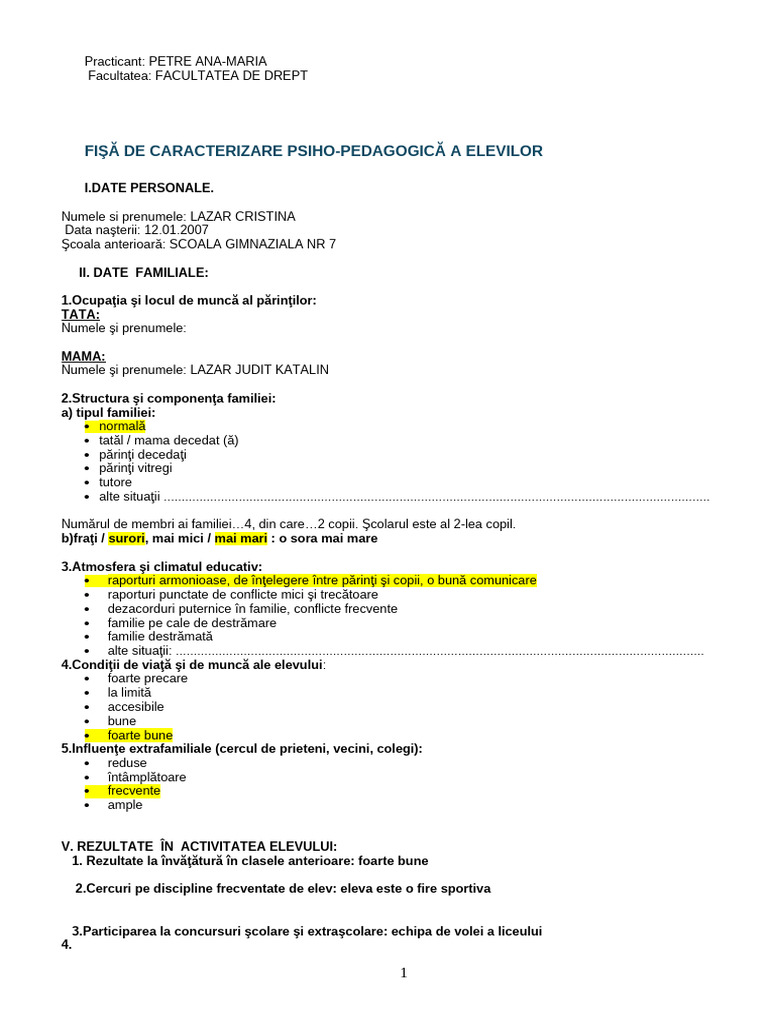 Fisa de Caracterizare a Elevului | PDF
