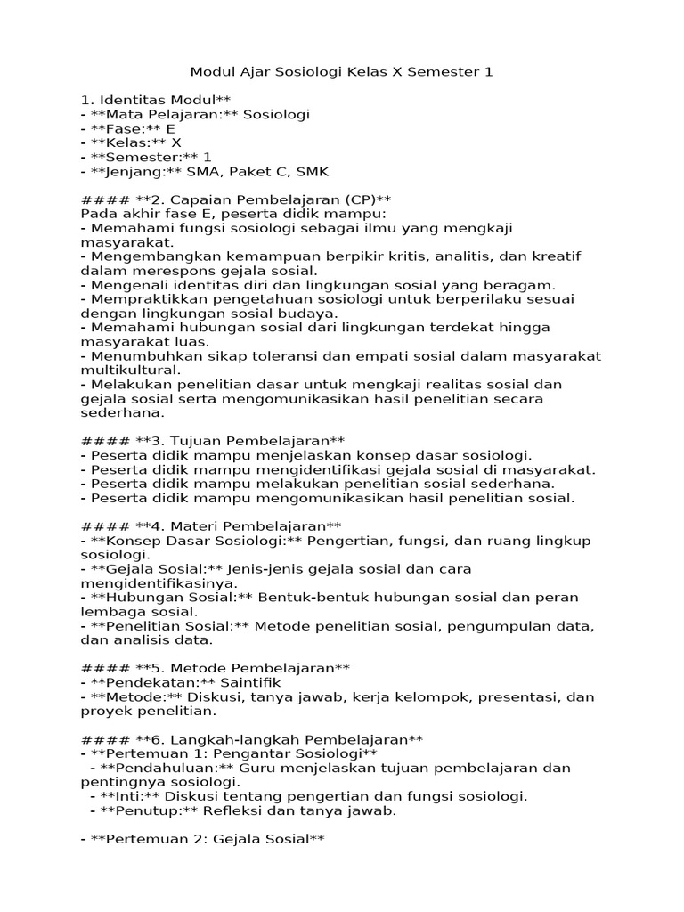 Modul Ajar Sosiologi Kelas X Semester 1 | PDF
