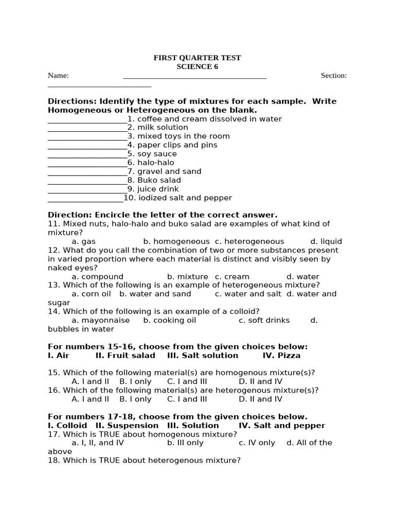 1st Quarter Test Science 6 | PDF