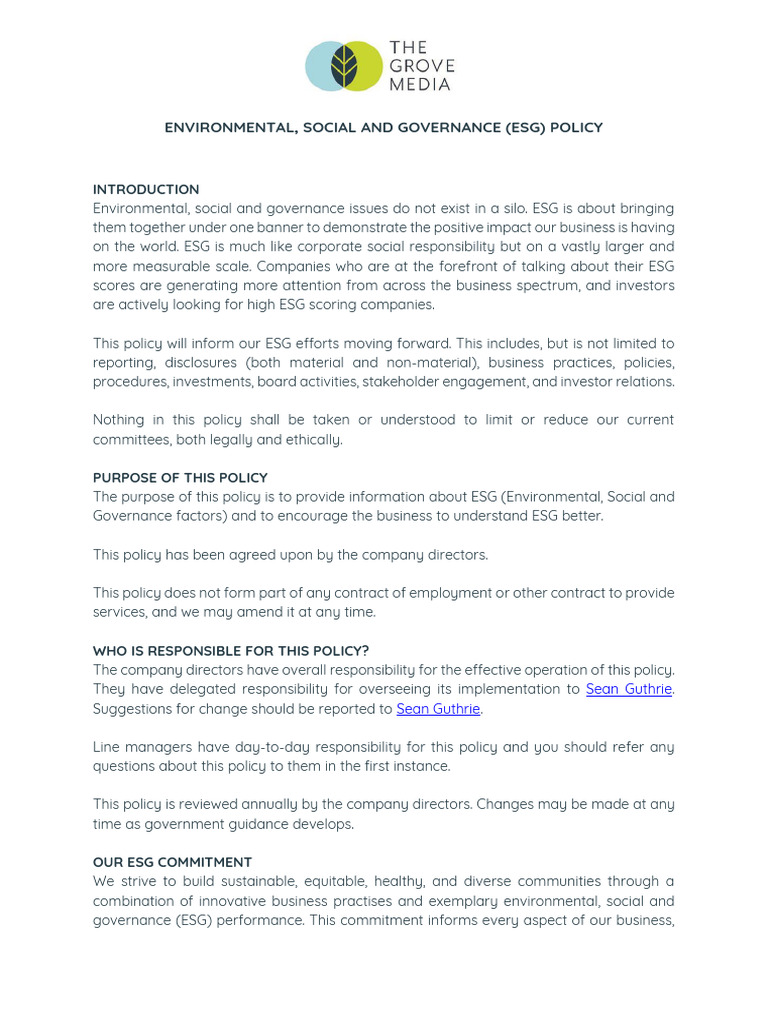 Environmental Social and Governance ESG Policy 2022.11 | PDF