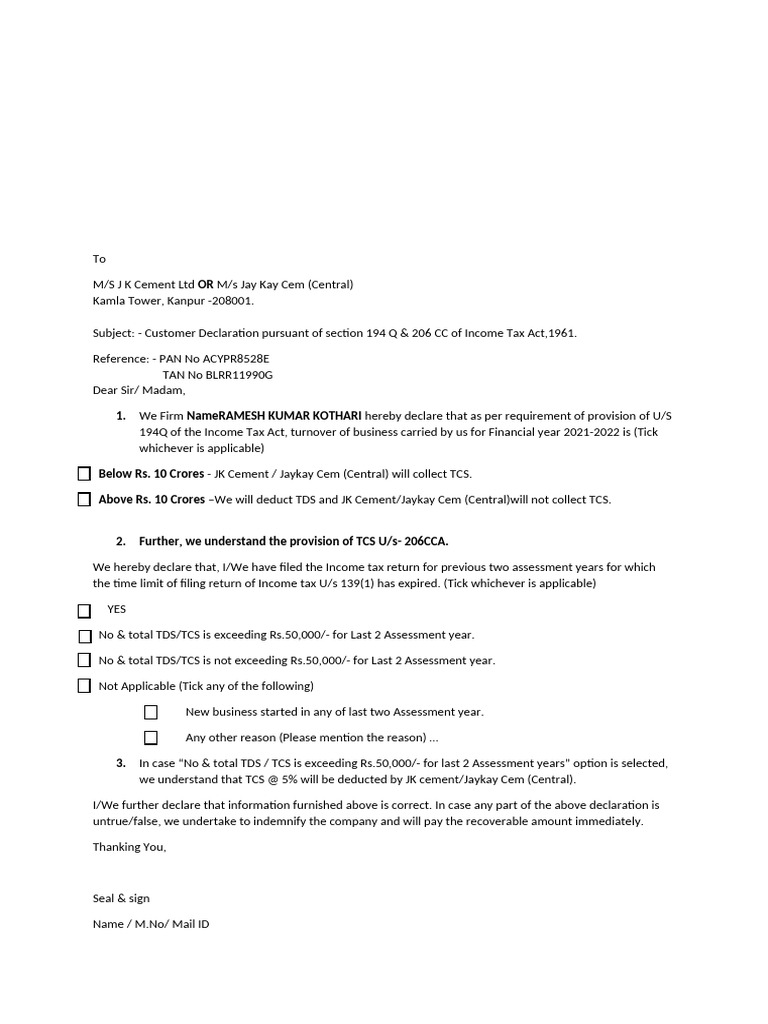 TAN Declaration Form for Income Tax Compliance | PDF | Finance & Money ...