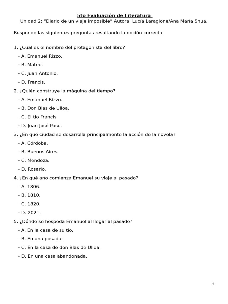 5to Evaluación de Literatura-Diario de Un Viaje Imposible-LISTO | PDF ...