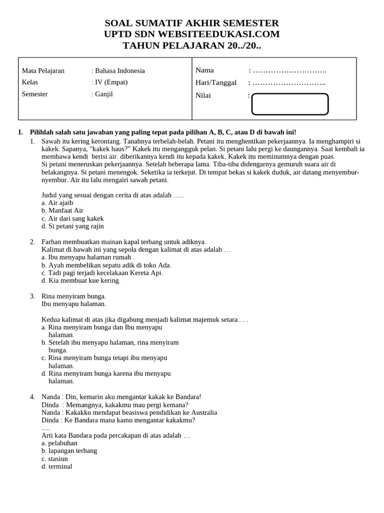 Soal SAS 1 B. Indonesia Kelas 4 | PDF