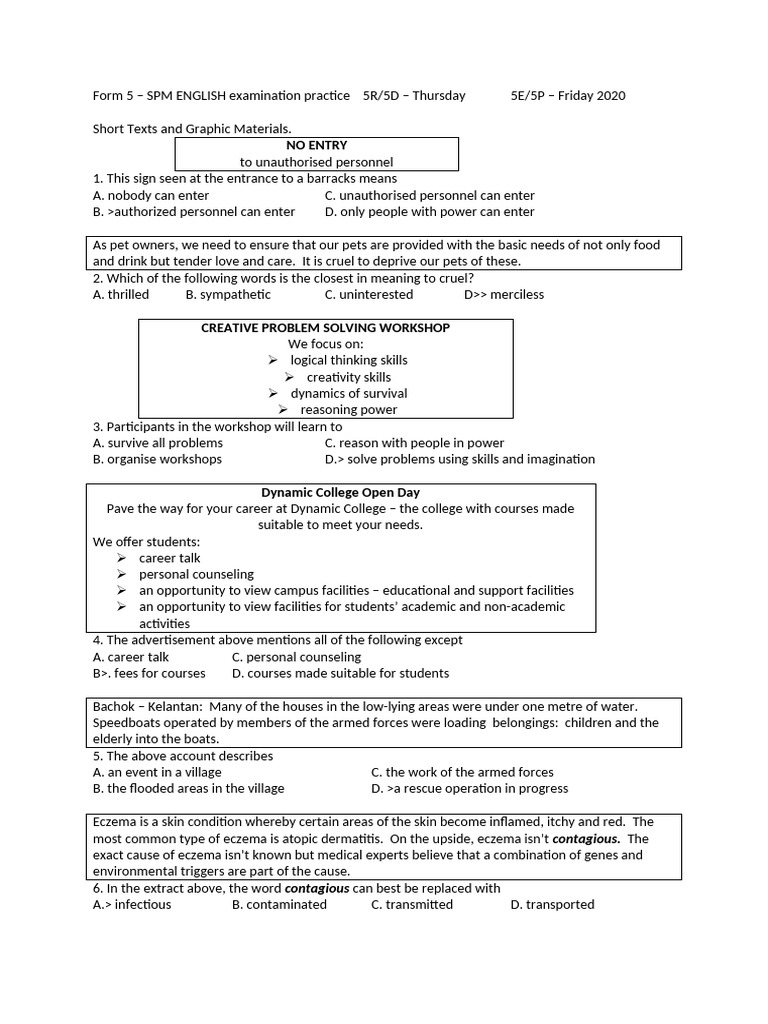 Form 5 English Exam Practice 3 17-18 Dec 2020 | PDF