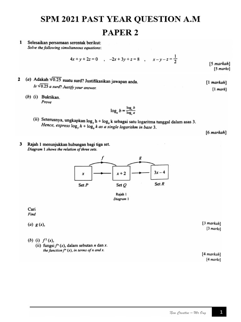 SPM 2021 Past Year Question A.M Paper 2: New Creative - MR Ong | PDF