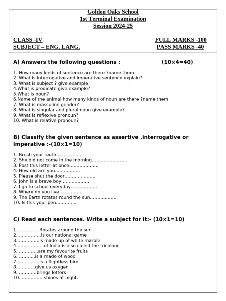 Golden Oaks School ENG LANG CLASS IV | PDF