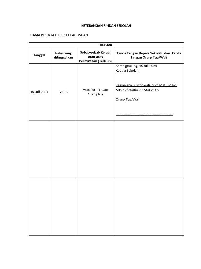 Lembar KETERANGAN PINDAH SEKOLAH | PDF