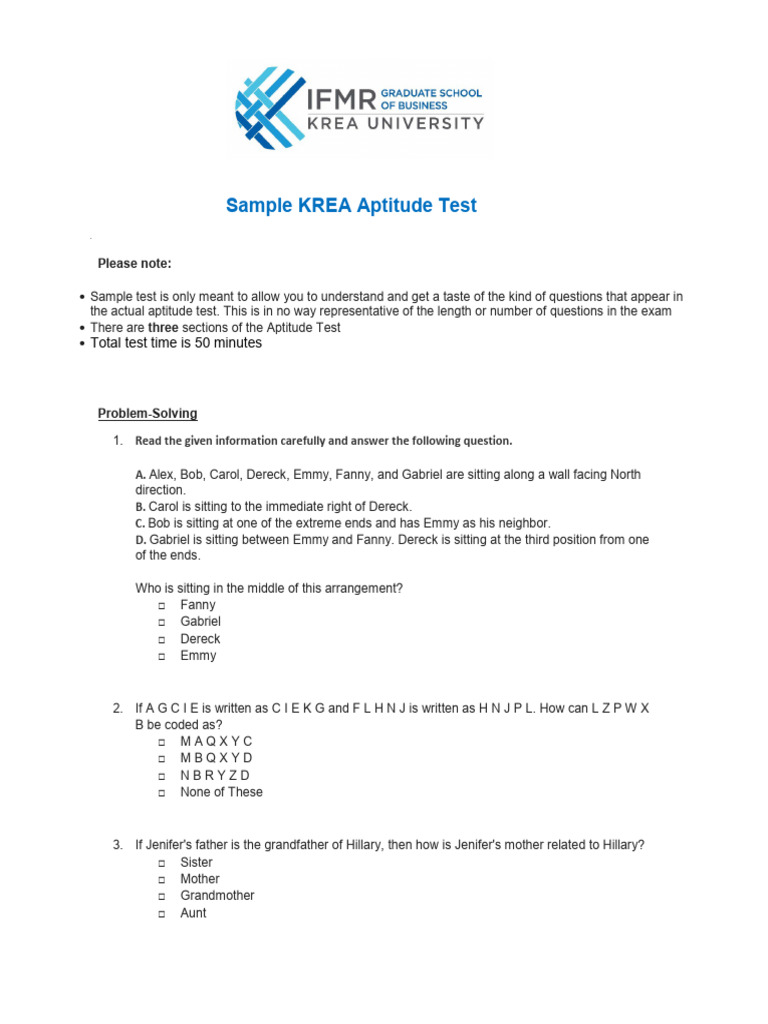 IFMR GSB Sample Krea Aptitude Test 2023 24 Nov23 | PDF