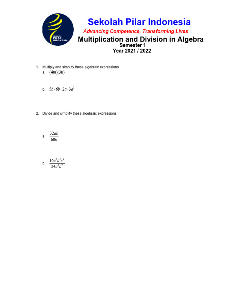 Multiplication and Division in Algebra GR 7 - Exercise 2021 | PDF