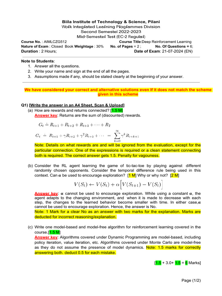 Solution Scheme For - 2023-24 Second Sem - DRL Mid Sem Regular | PDF
