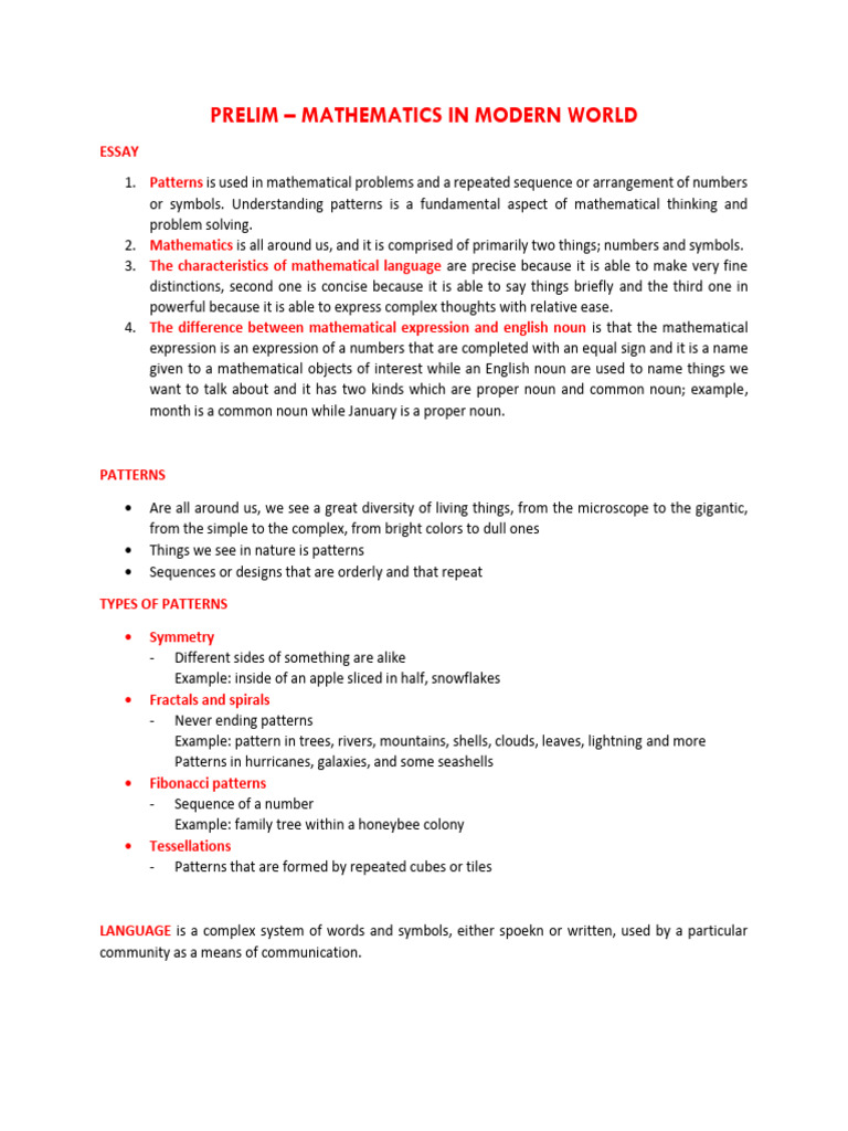 Prelim Reviewer For Mathematics in Modern World | PDF | Pattern | Mathematics