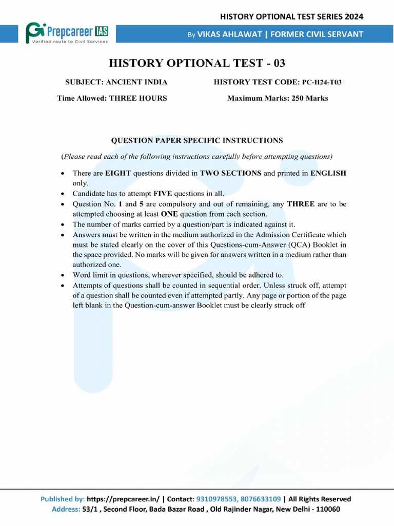 Ancient India Test 1 Question Paper | PDF