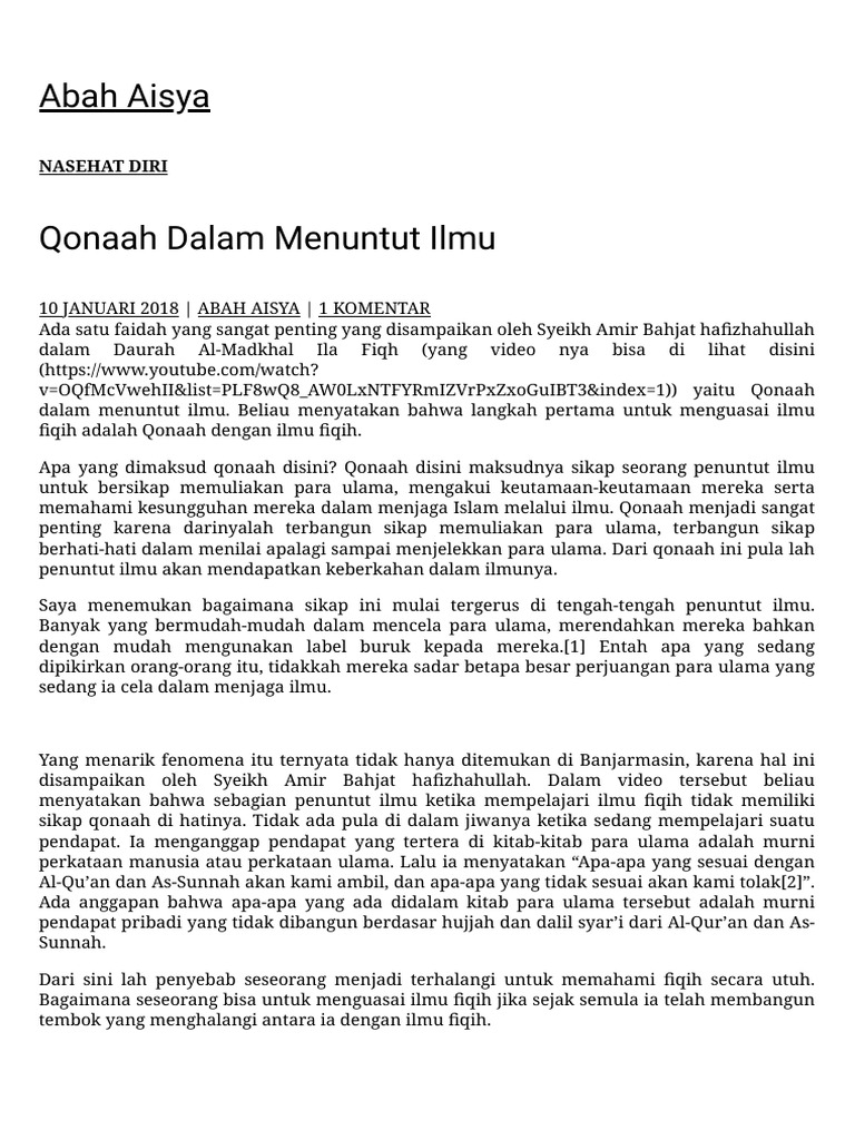 Qonaah Dalam Menuntut Ilmu - Abah Aisya | PDF