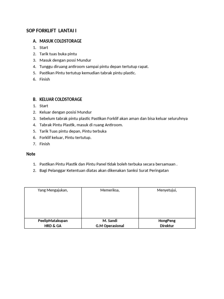 SOP FORKLIFT LANTAI I (SDH Print) | PDF